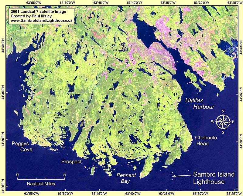 Satellite image map showing Sambro Island and surrounding area